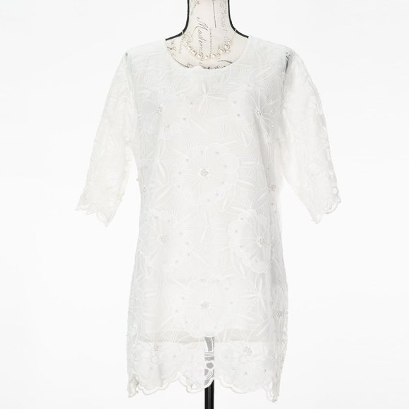 Tops | 732white Lace Top With Pearls | Poshmark